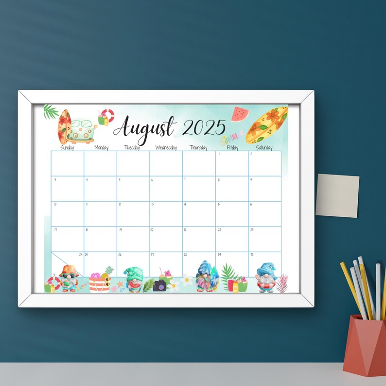 EDITABLE August 2025 Calendar, Beautiful Summer, Watermelon, Cute Gnome ...