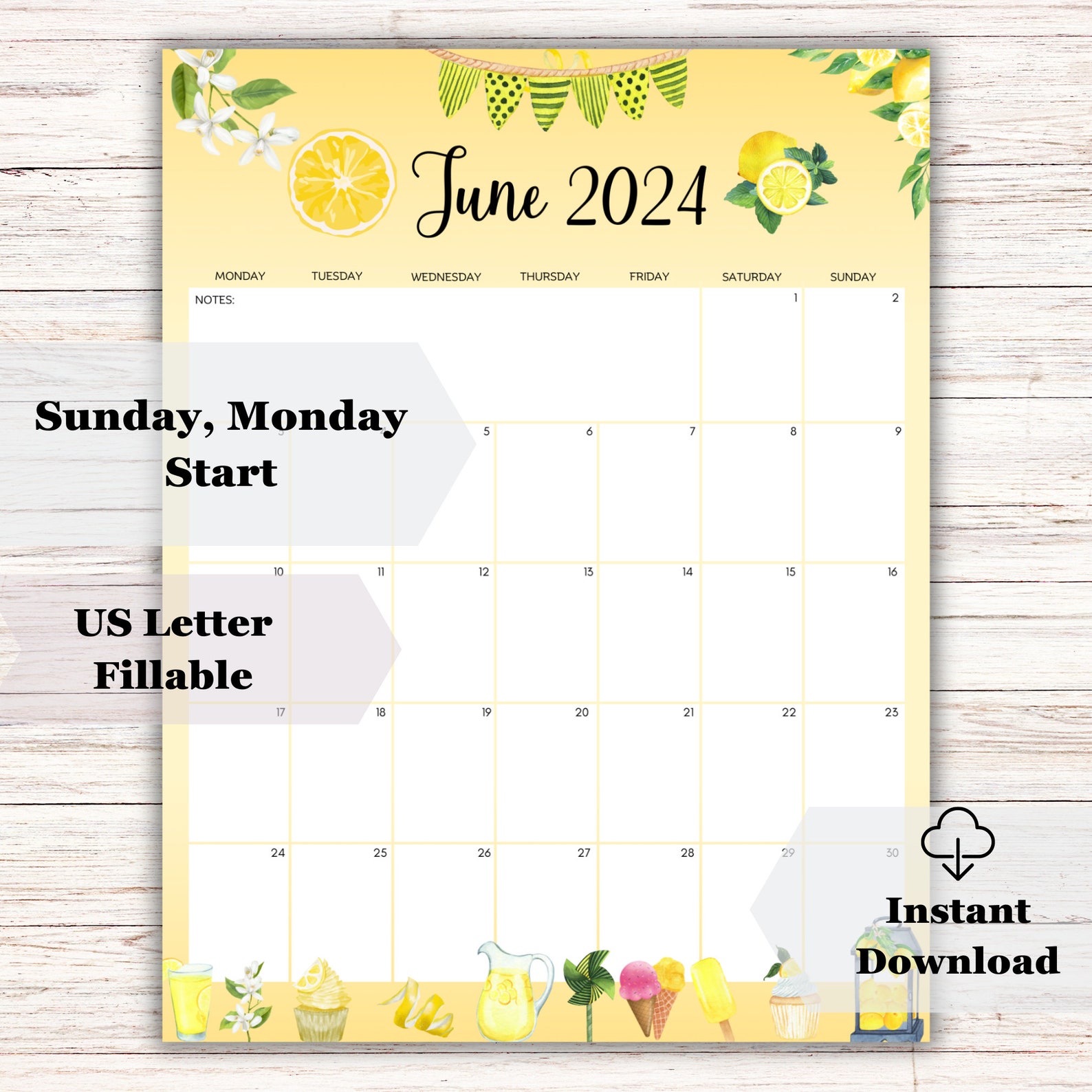 Editable 2024 June Calendar, Monthly June Planner, Yellow Lemons, Kids ...