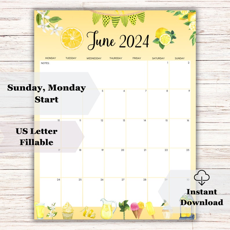 Editable 2024 June Calendar, Monthly June Planner, Yellow Lemons, Kids ...
