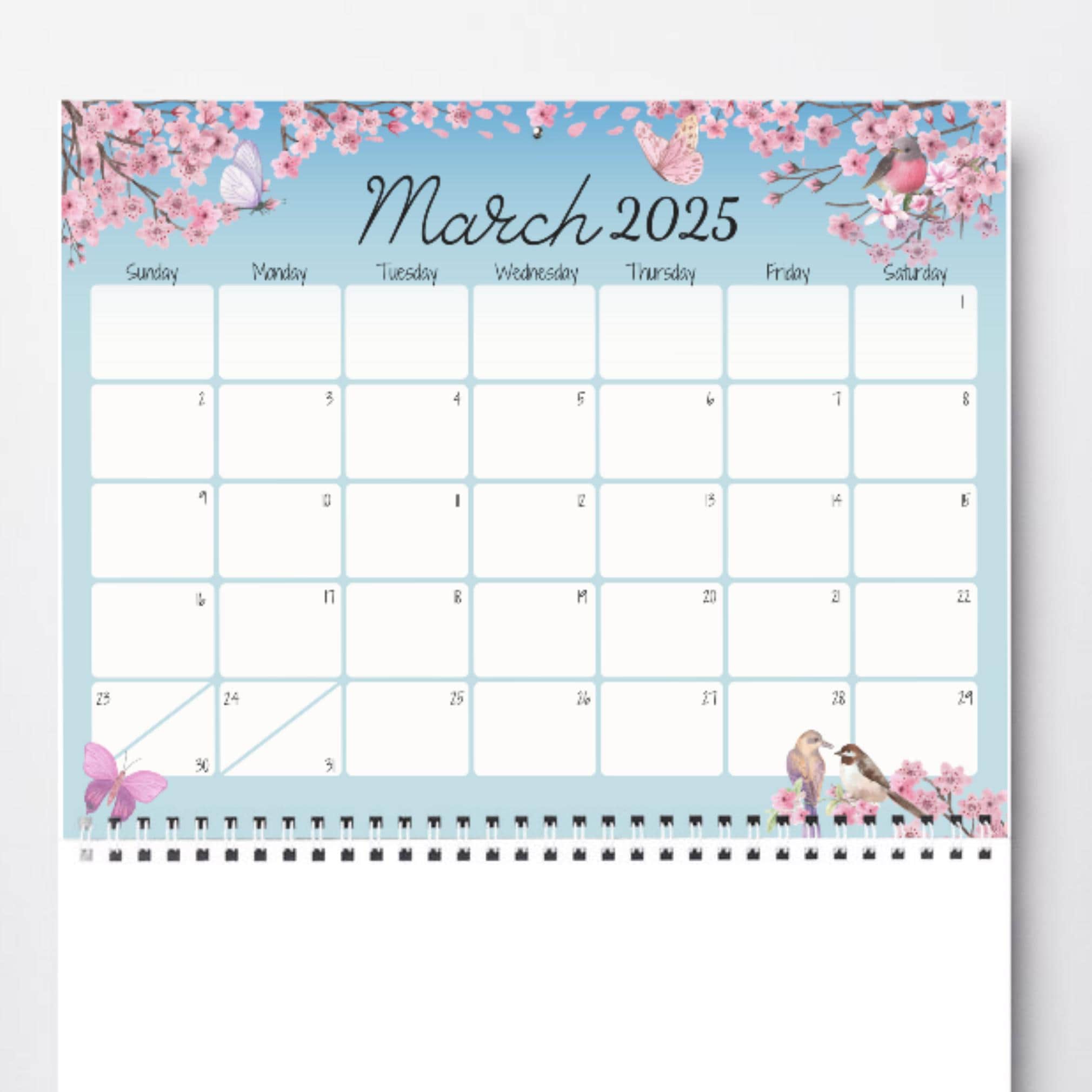 Editable 2025 March Calendar, Beautiful Spring, Cute Birds, Butterflies ...