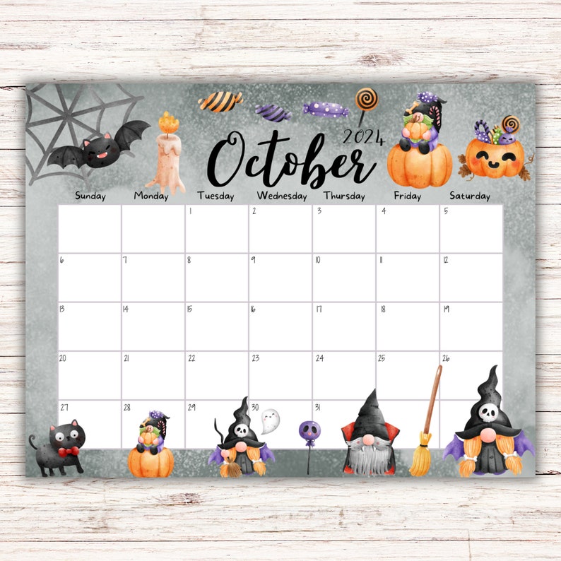 EDITABLE October 2024 Calendar, Happy Halloween, Cute Gnoms, Kid ...