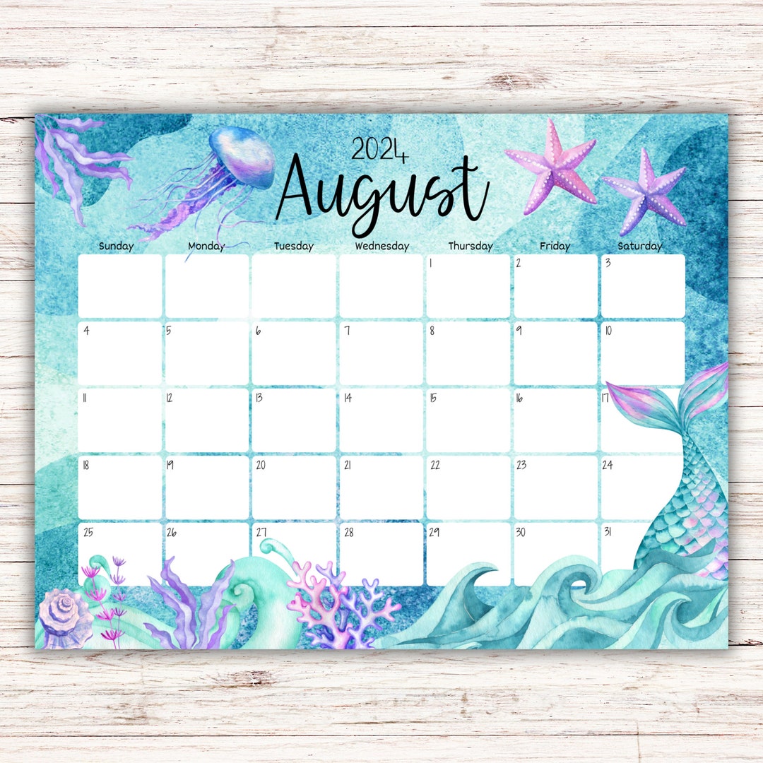 EDITABLE August 2024 Calendar, Beautiful Blue Sea, Starfish, Jellyfish ...