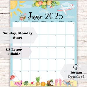 Tropical June 2025 Printable Calendar, US Letter Size, Fillable PDF ...