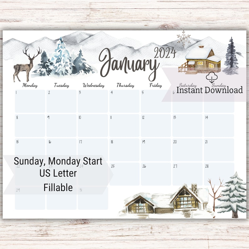 EDITABLE January 2024 Calendar, Beautiful Winter in a Countryside ...