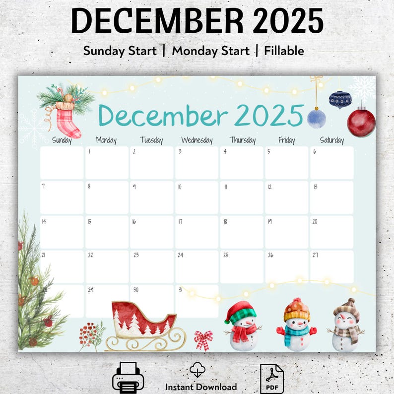 EDITABLE December 2025 Calendar, Christmas Planner, Cute Snowmen ...