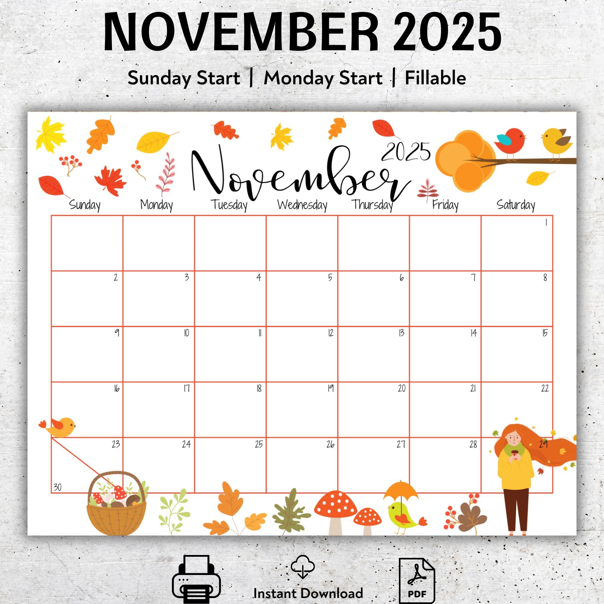 EDITABLE November 2025 Calendar, Fall Foliage, Calendar for Women ...