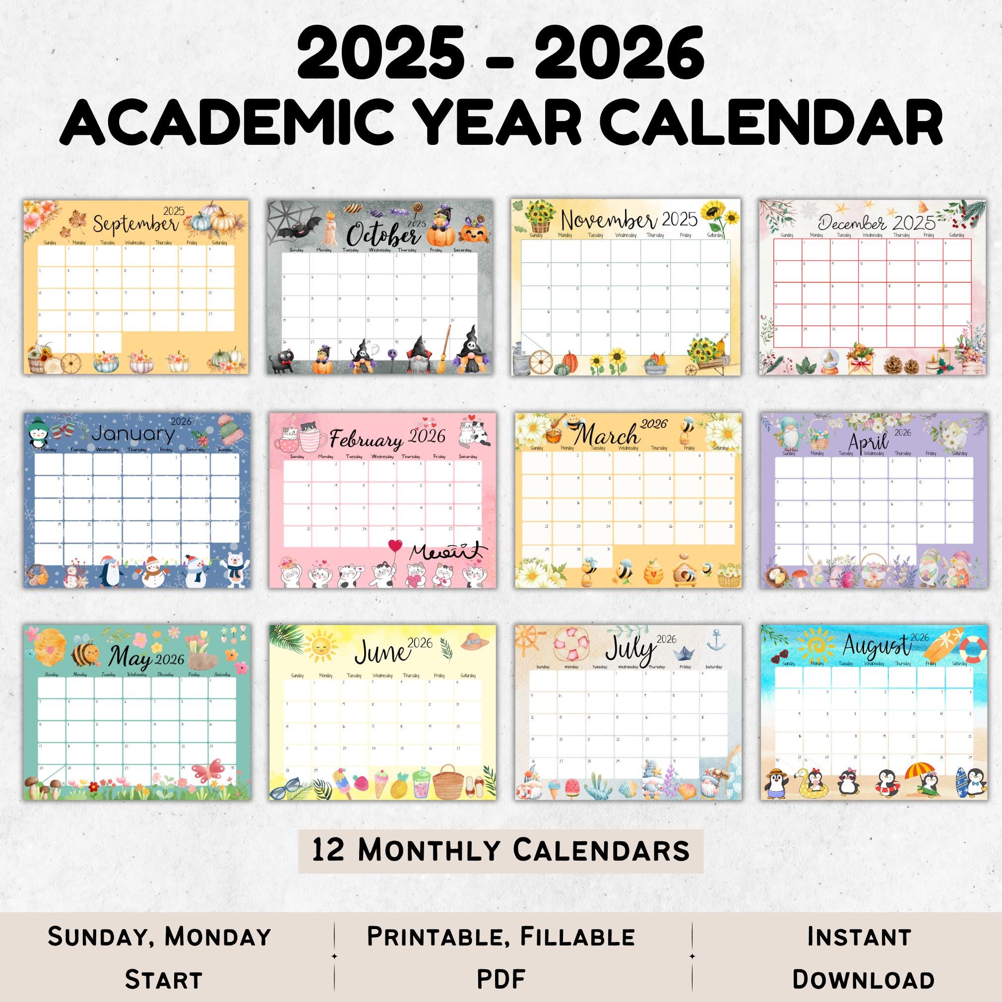 2025 2026 Academic Calendar Bundle, Printable Monthly Calendar PDF ...