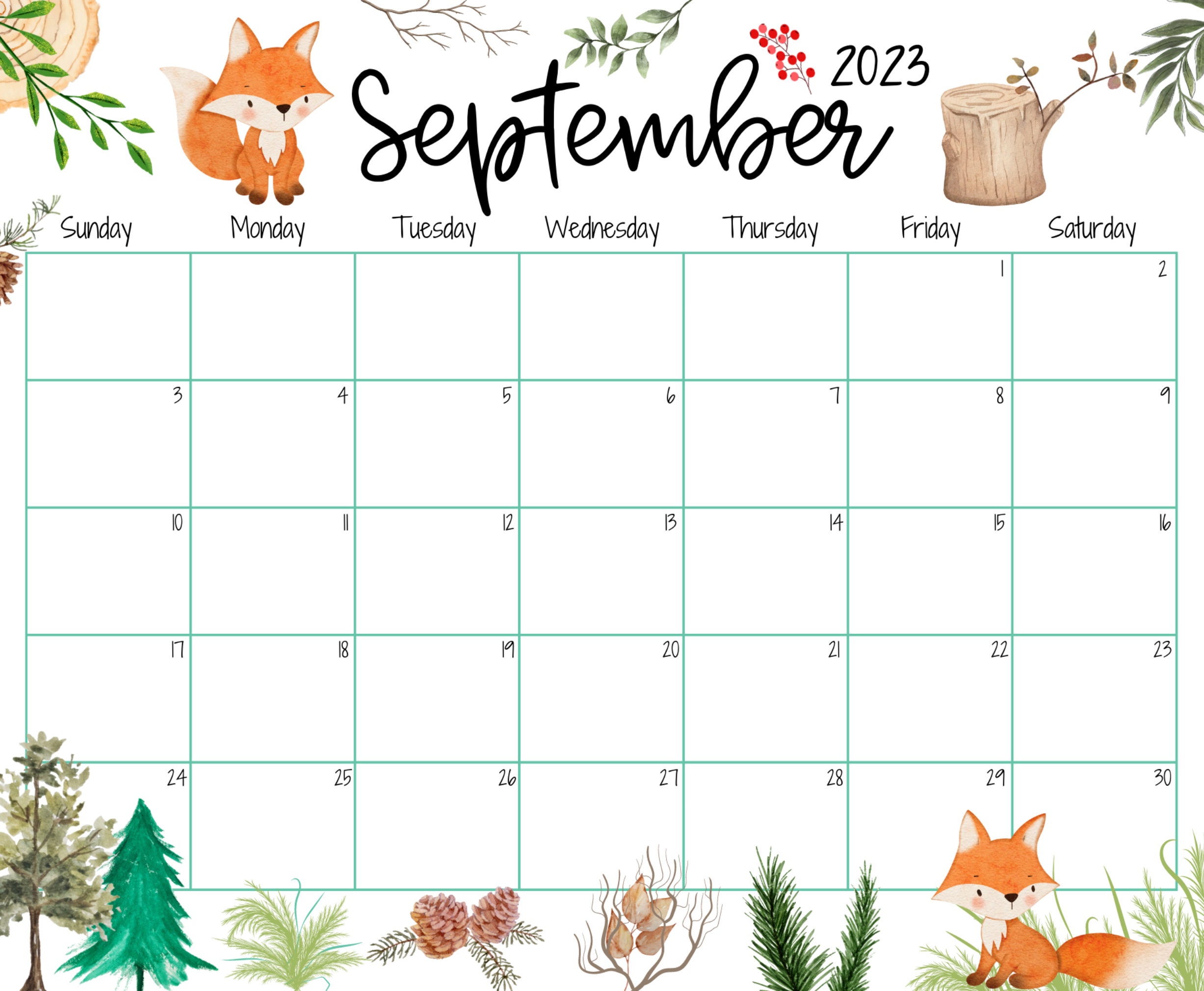 EDITABLE September 2023 Calendar, Back to School, Cute Fox, Beautiful ...