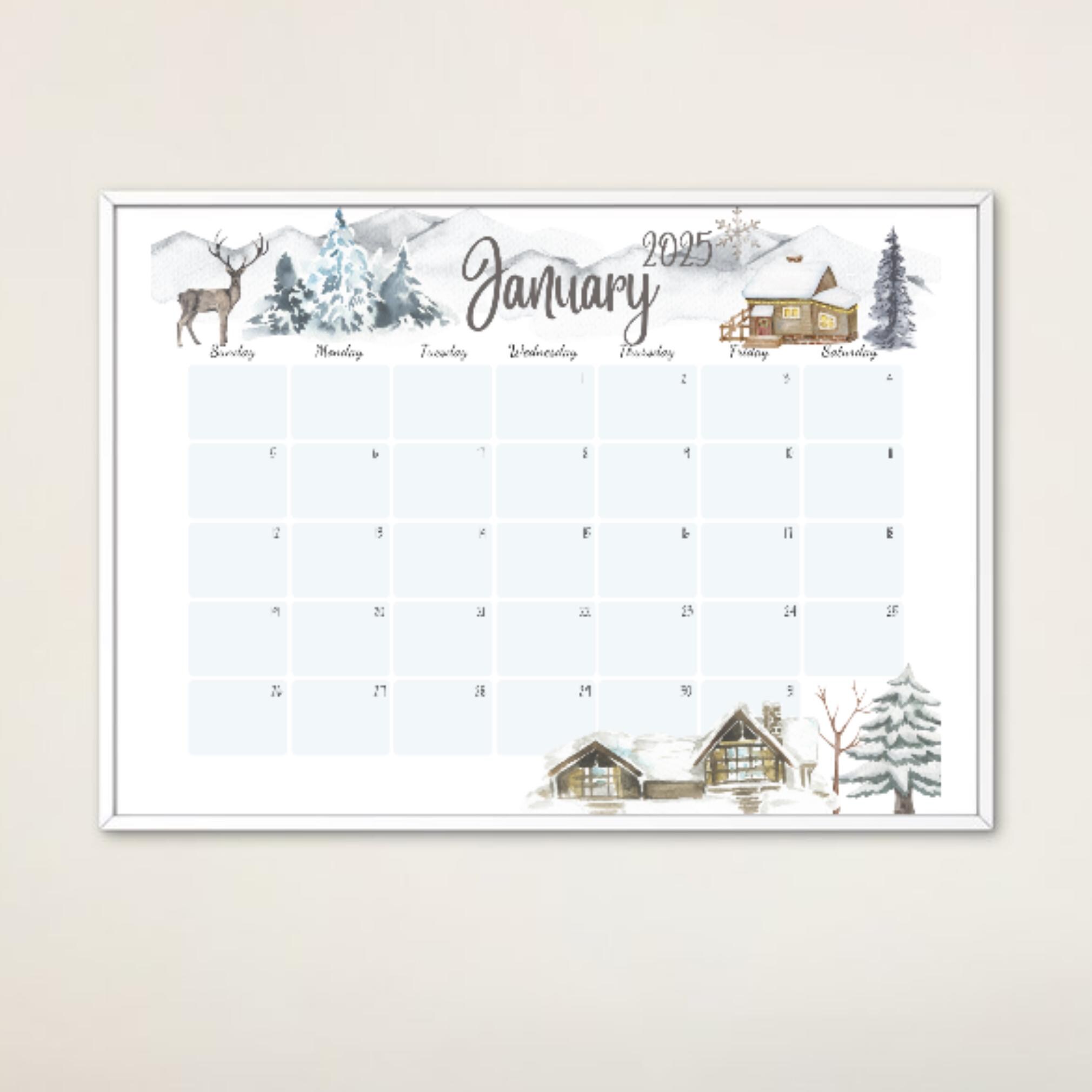 EDITABLE January 2025 Calendar, Beautiful Winter in a Countryside ...