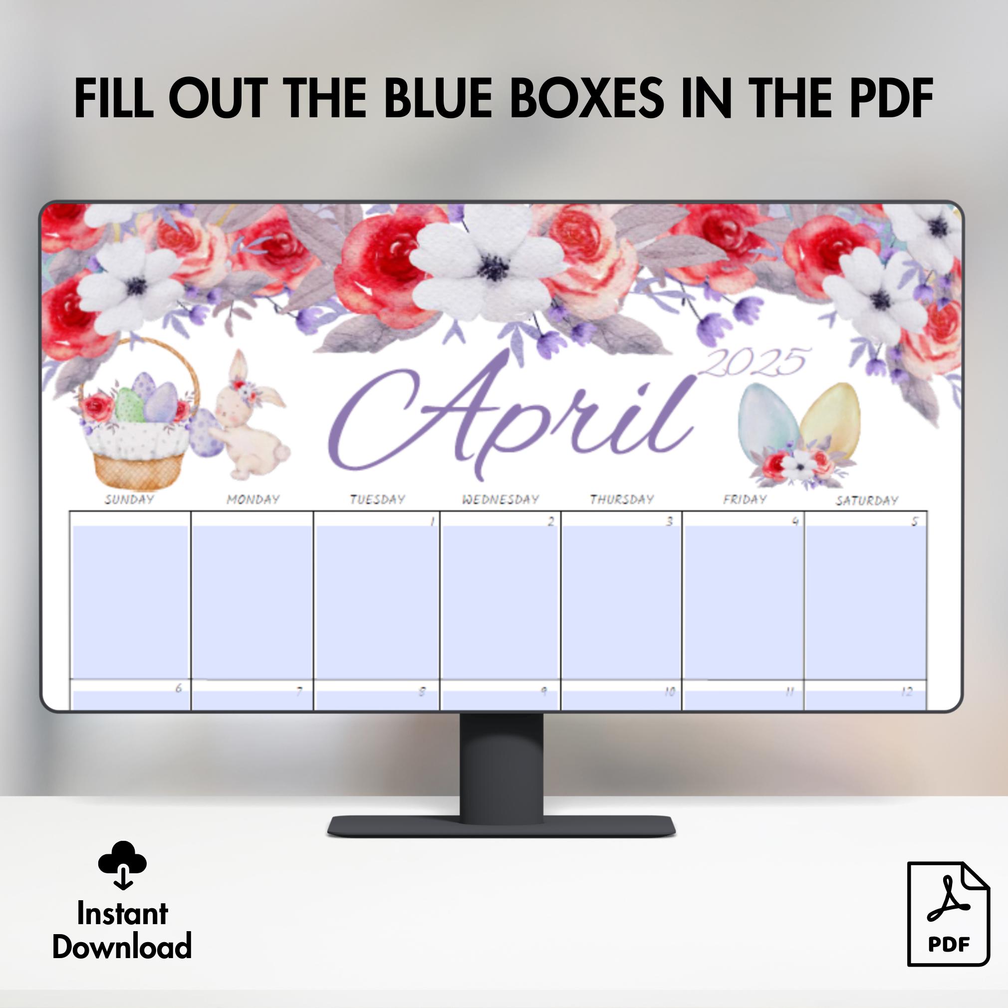 Fillable/editable April Calendar, April 2025 Printable Calendar ...