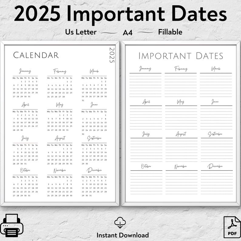 Important Dates Tracker, Printable Calendar, Birthday & Anniversary ...