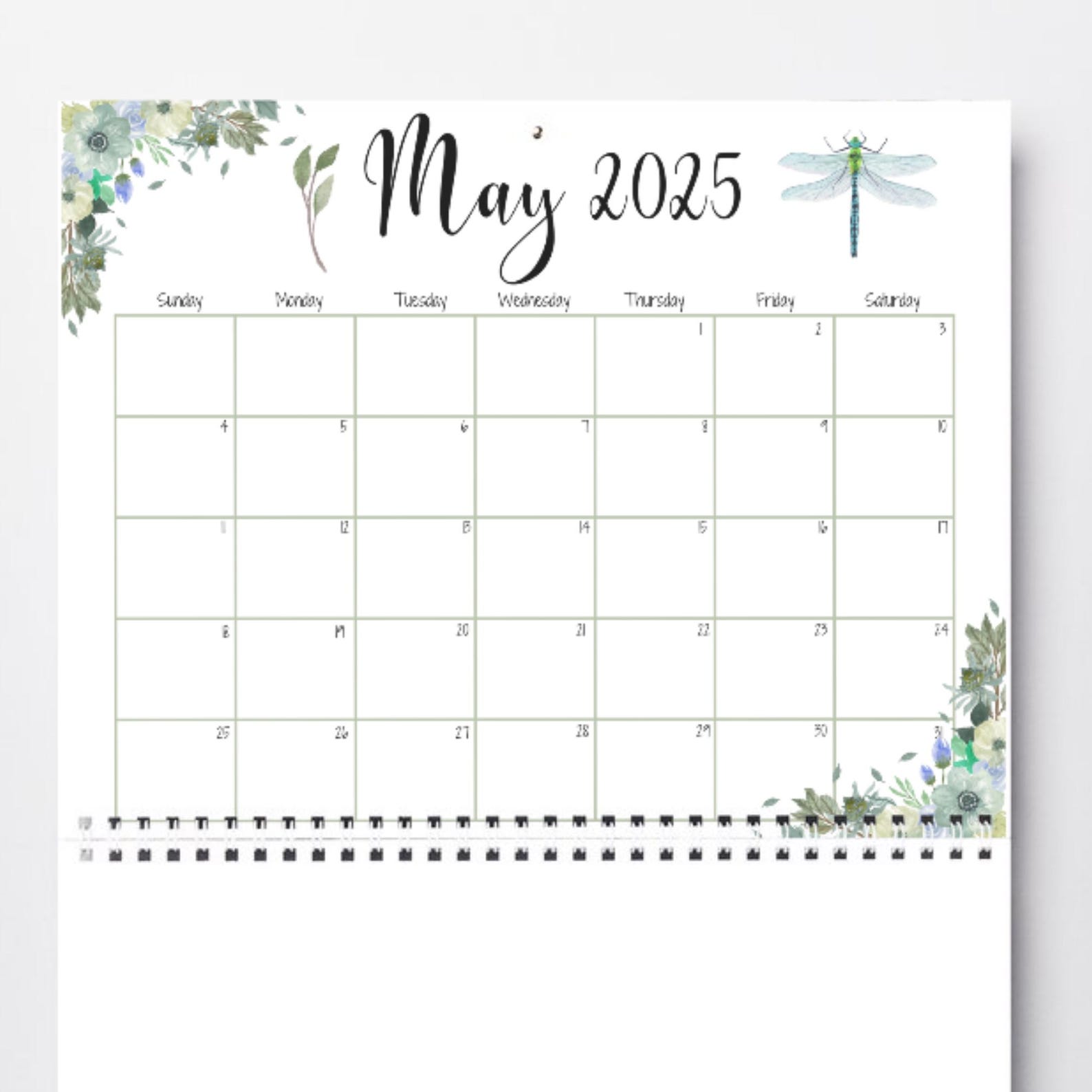 Editable/printable May 2025 Calendar, Green Flowers, Beautiful ...