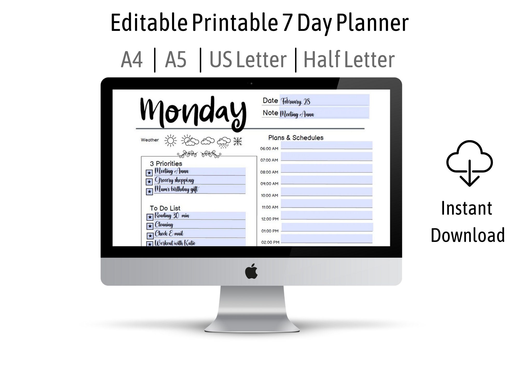 7 Day Planner Work Planner Printable Weekly Planner 365 - Etsy