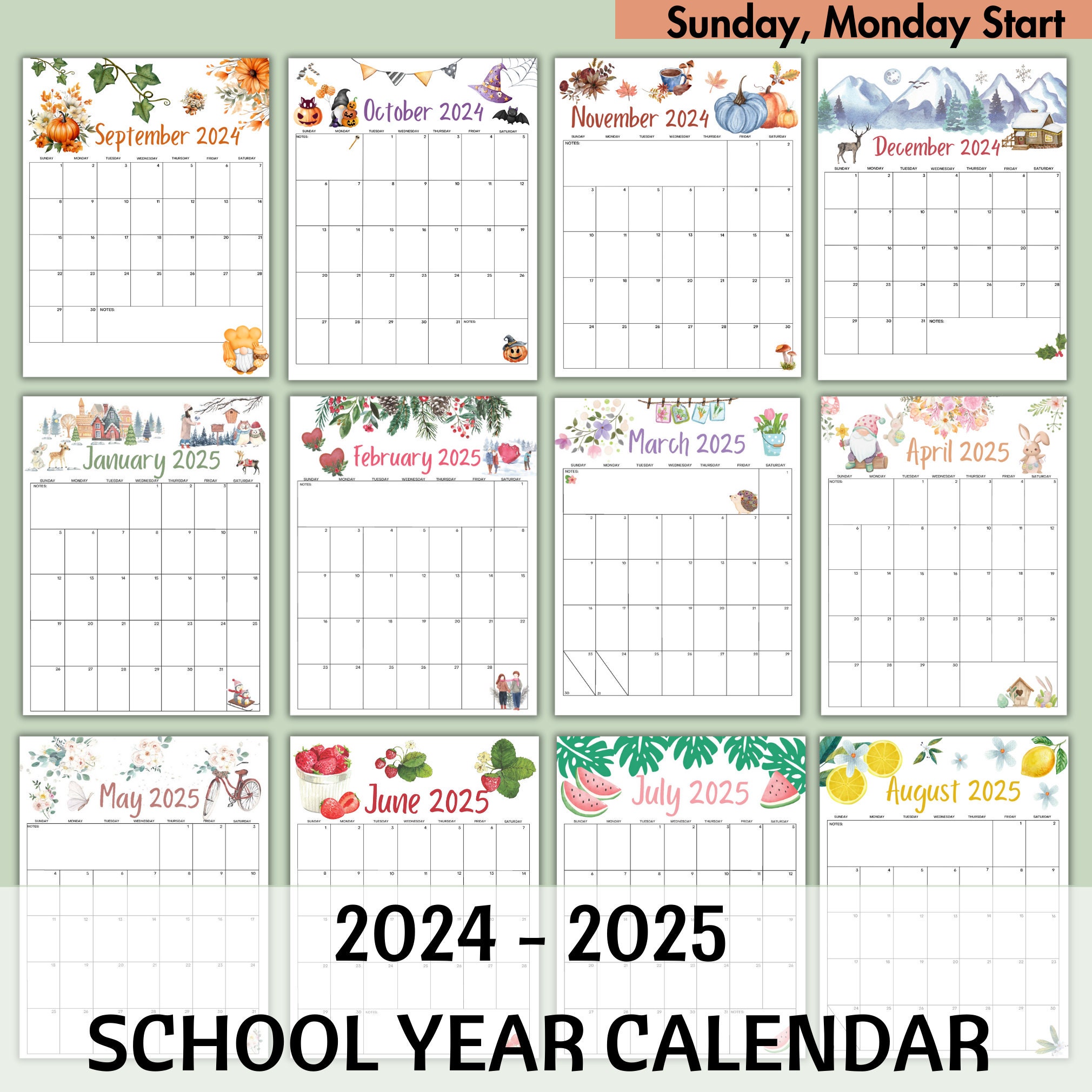 EDITABLE School Year Calendar 2024-2025 From September to August ...