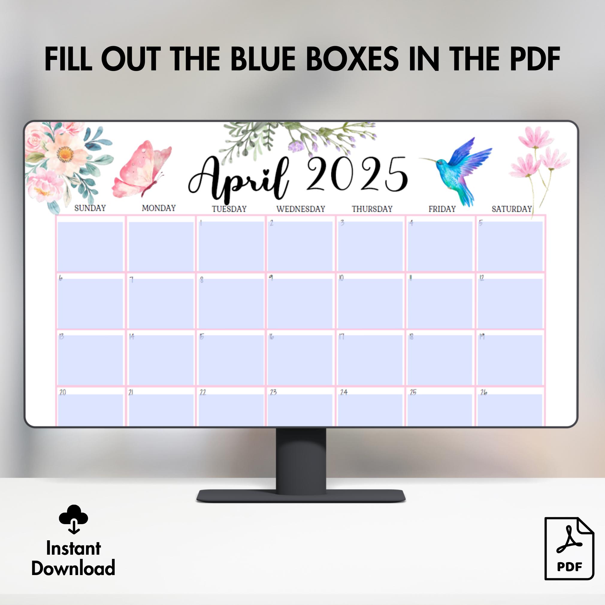 EDITABLE April 2025 Calendar, Printable April Planner, Fillable ...