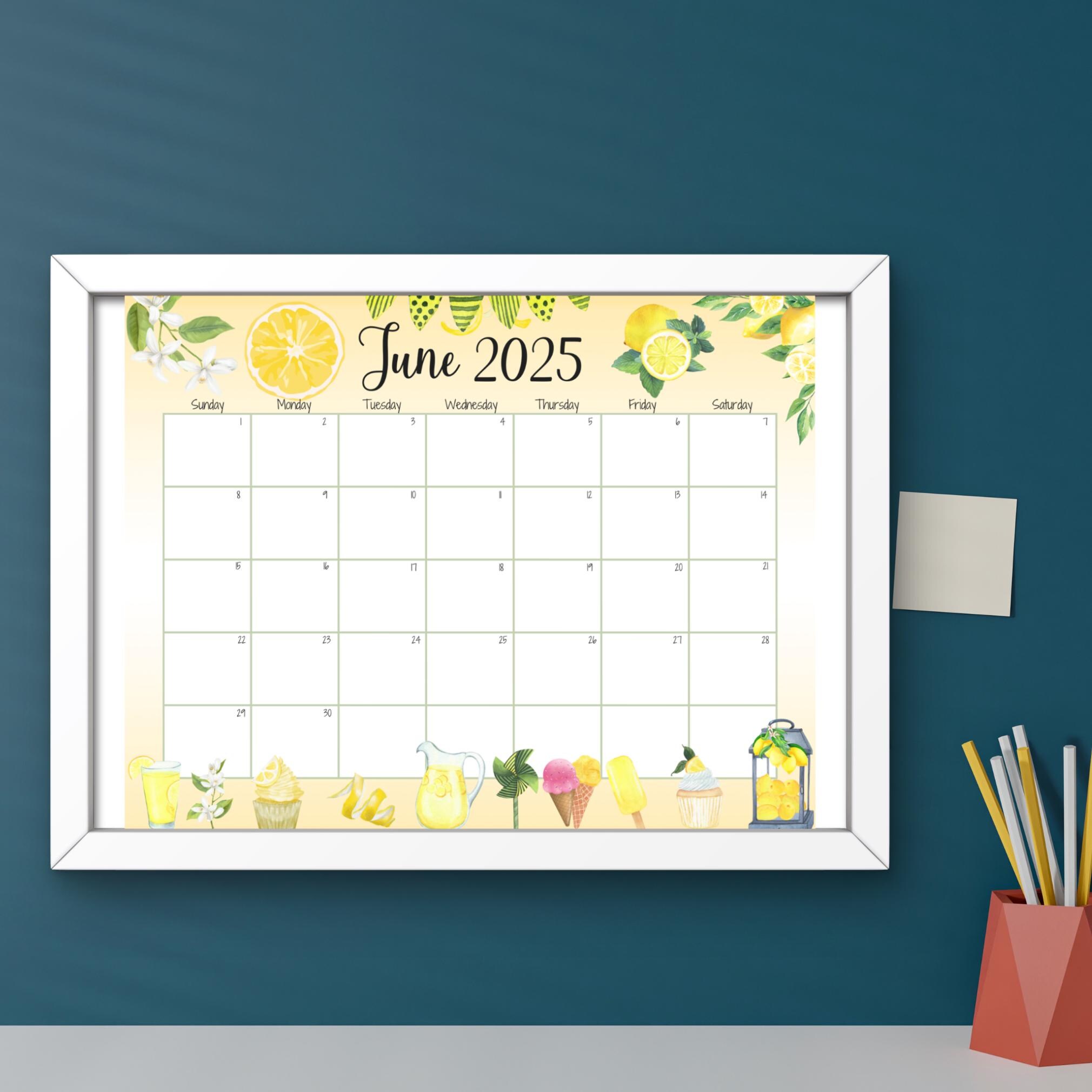 EDITABLE June 2025 Calendar, Yellow Lemons, Delicious Ice Creams ...