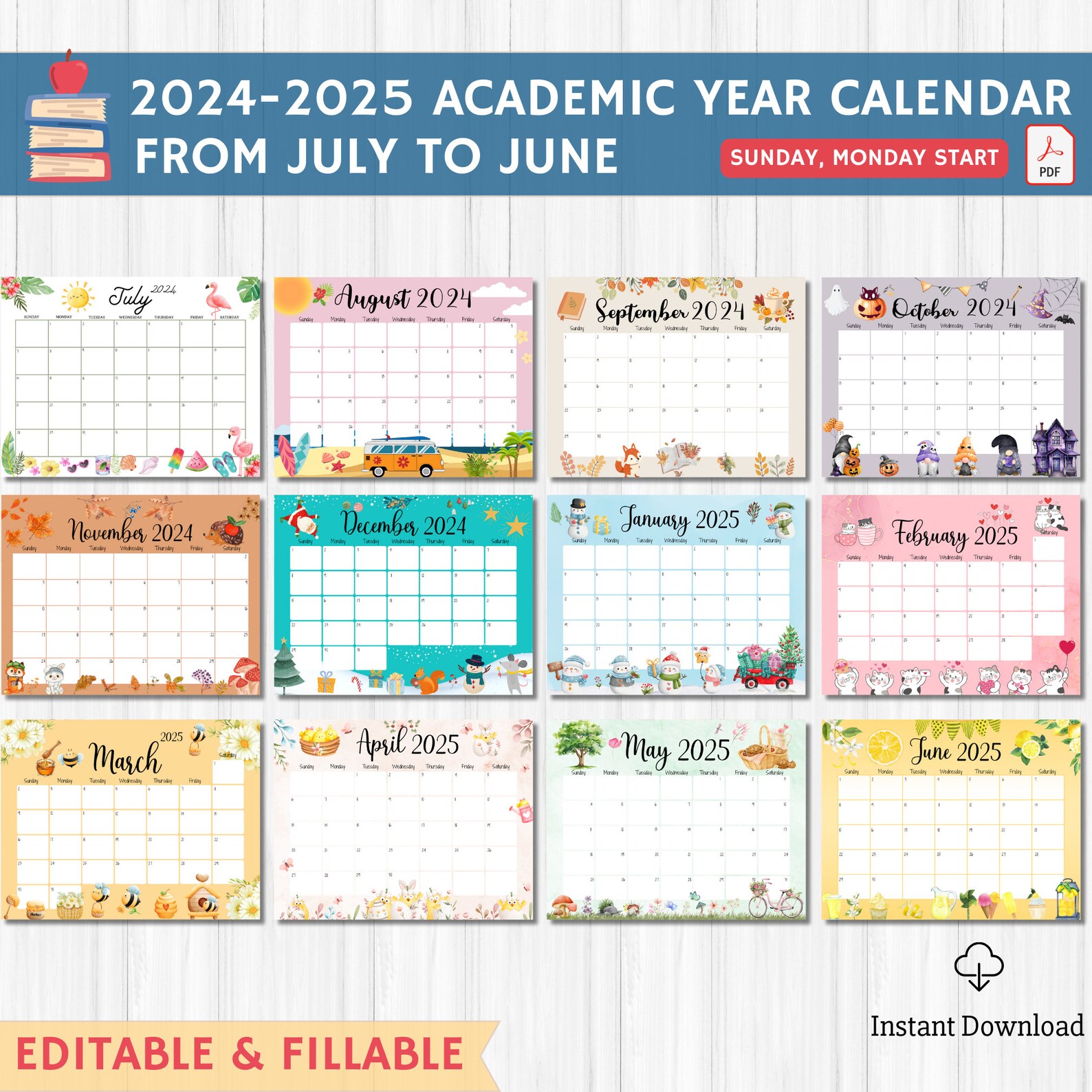 EDITABLE School Calendar 2024-2025 From July to June, Printable Monthly ...
