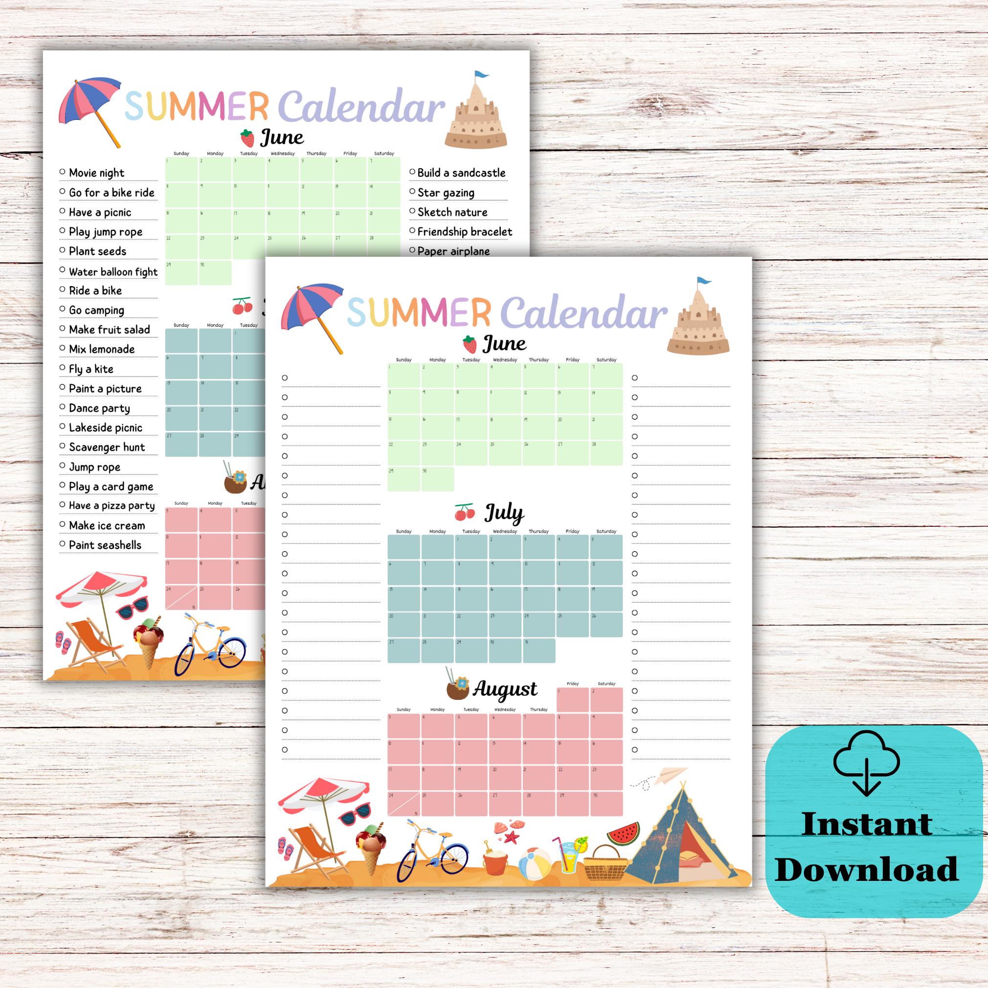 Editable Summer Calendar Poster, Summer Activities Checklist, Printable ...