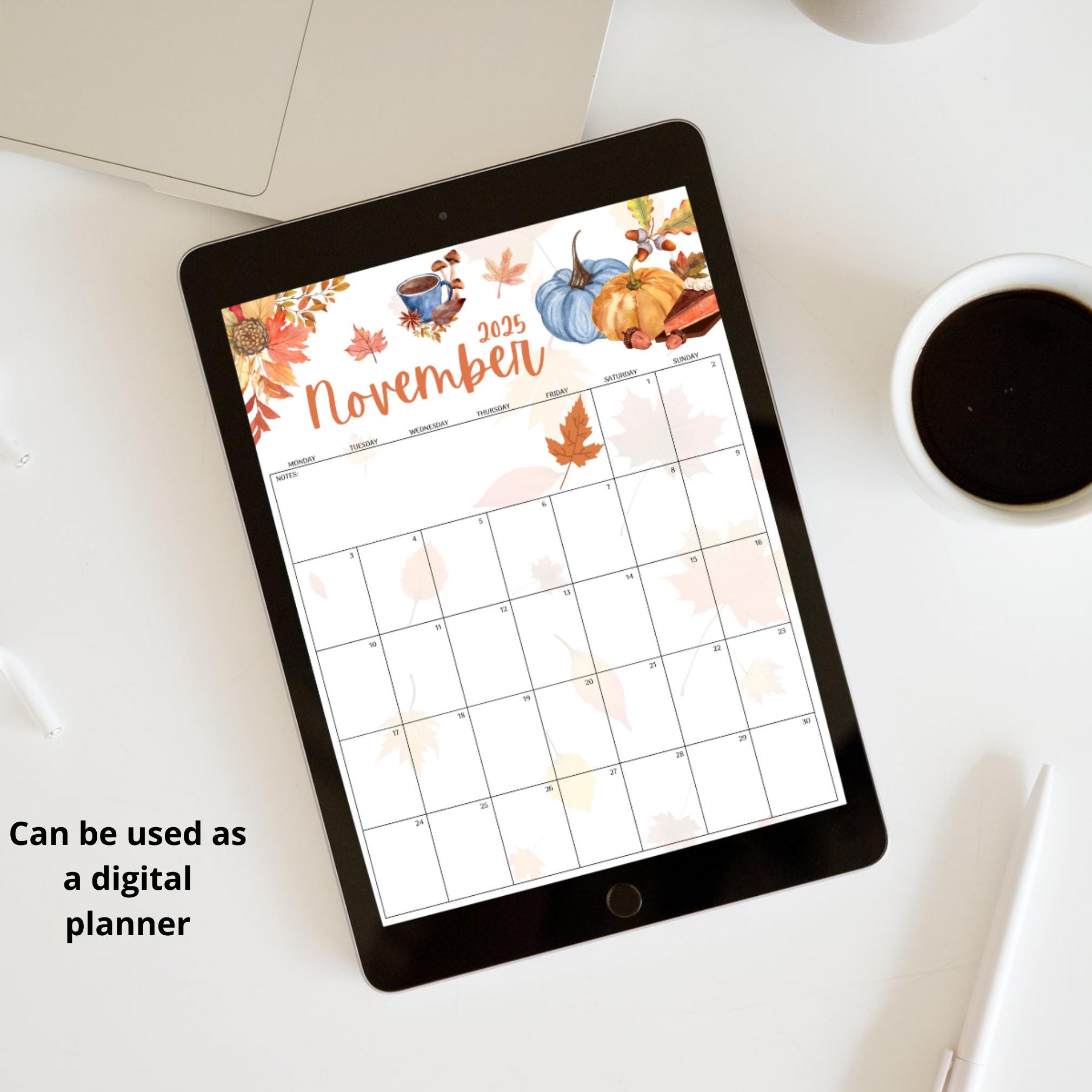 EDITABLE November 2025 Calendar, Beautiful Fall and Pumpkins, College ...