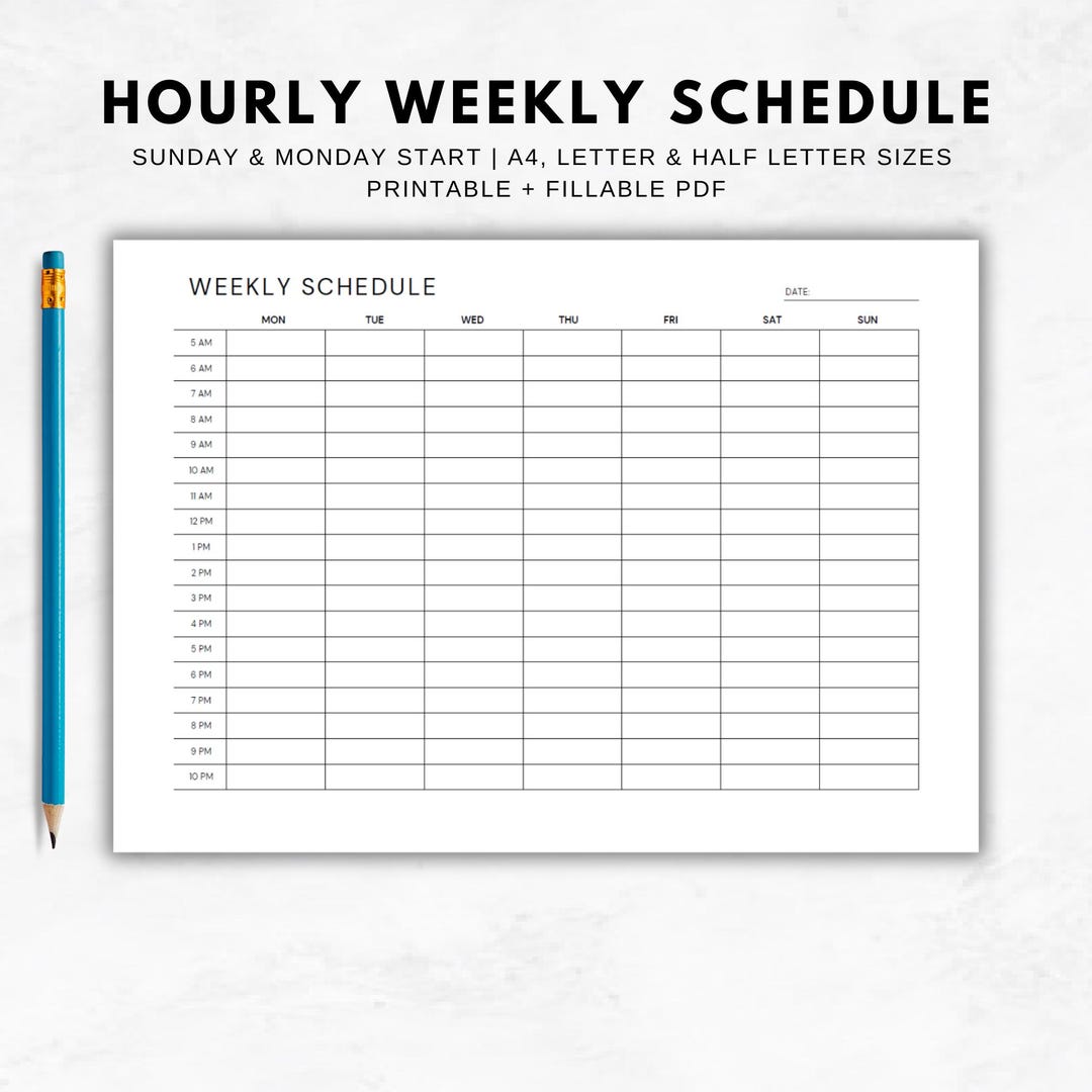 Hourly Weekly Schedule, Printable Weekly Planner, Week at a Glance ...