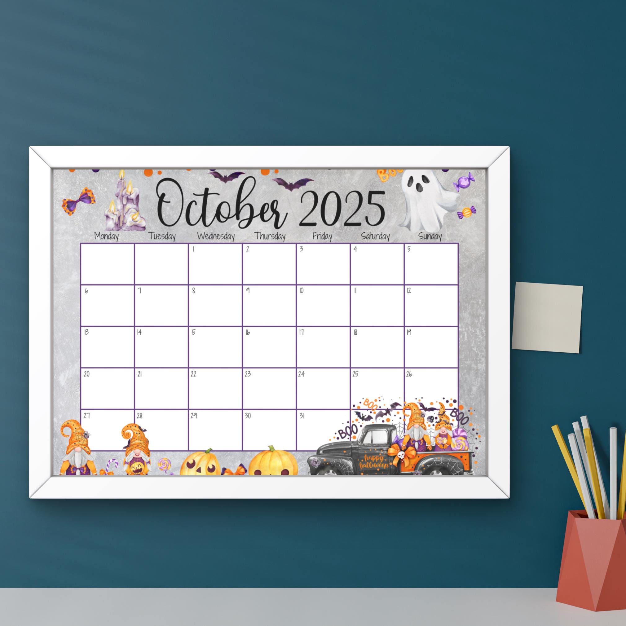 EDITABLE October 2025 Calendar, Happy Halloween, Pretty Ghost, Cute ...