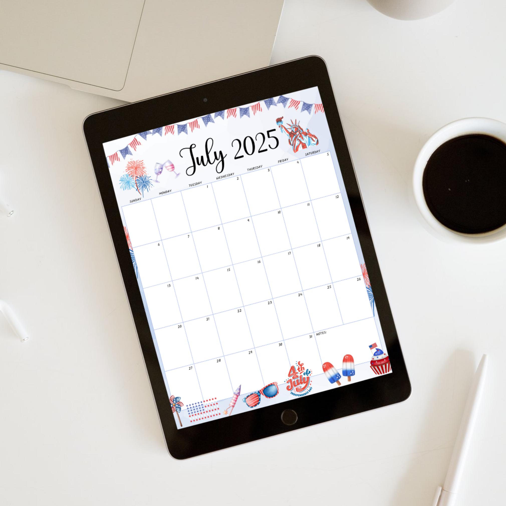 EDITABLE July 2025 Calendar, 4th July Independence Day, Happy 4th July ...