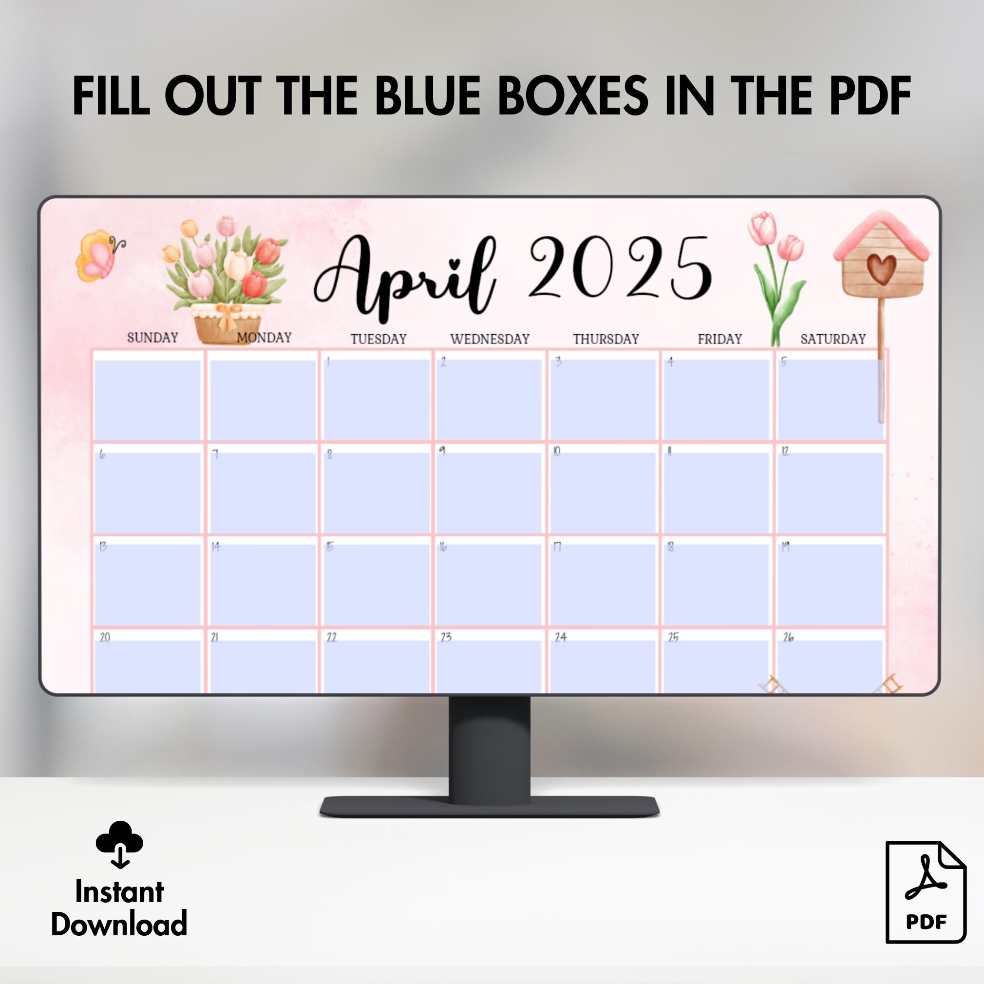 EDITABLE April 2025 Calendar, Printable April Planner, Fillable ...