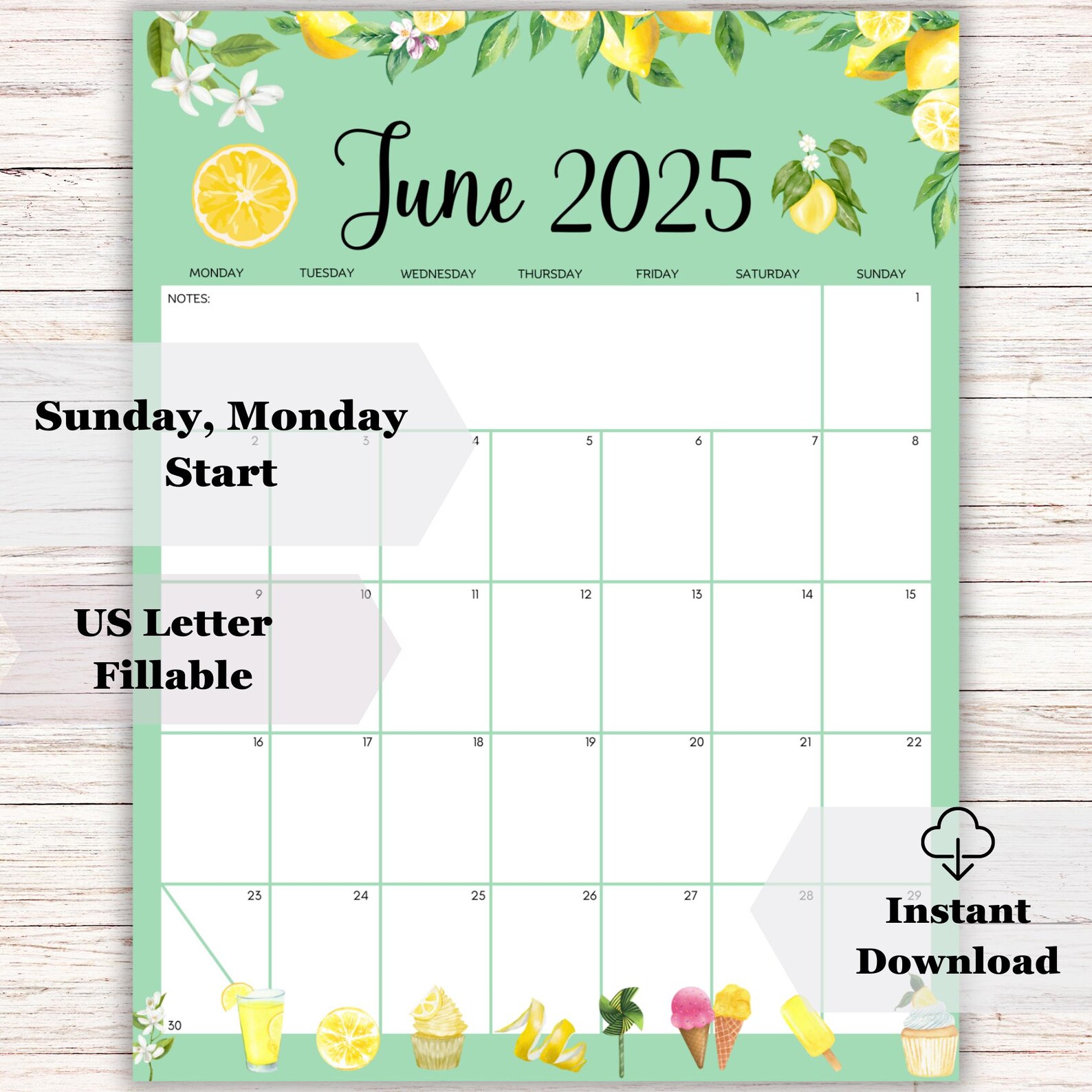 EDITABLE June 2025 Calendar, Yellow Lemons, Delicious Ice Creams, Green ...