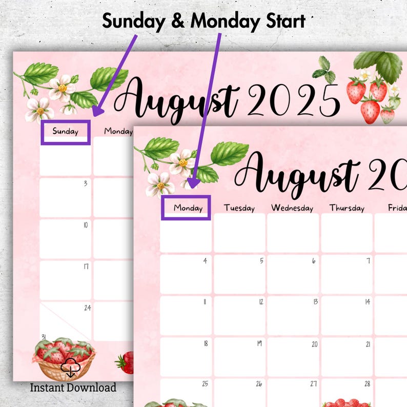 EDITABLE August 2025 Calendar, Beautiful Summer, Delicious Strawberries ...