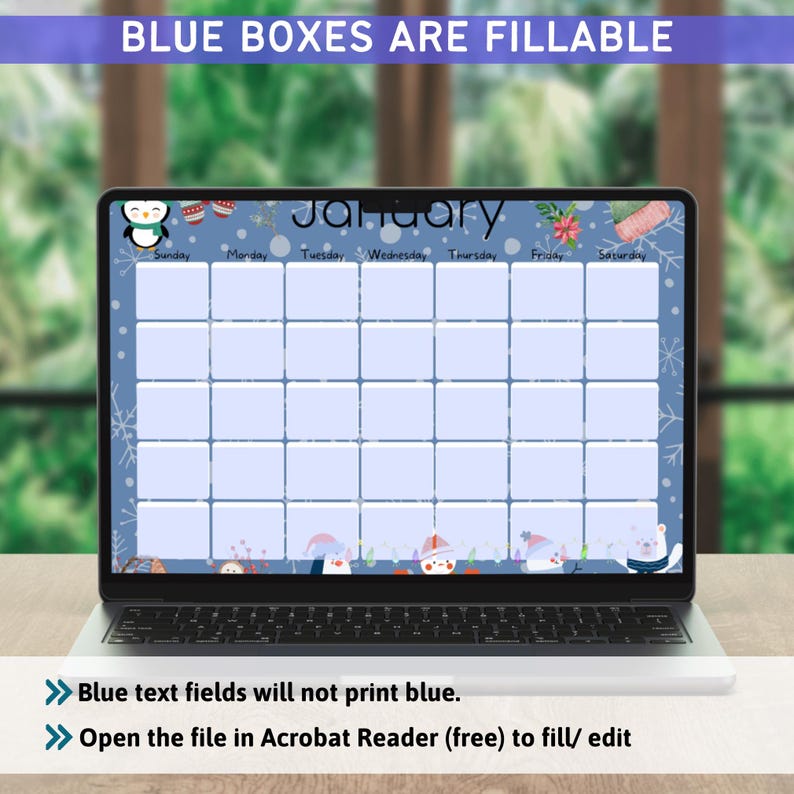EDITABLE January Calendar, Beautiful Winter, Snowmen and Penguins ...