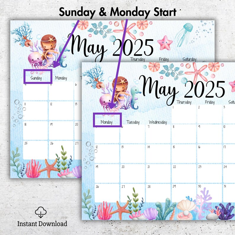 EDITABLE May 2025 Calendar, Ocean Theme, Printable PDF, Sunday & Monday ...