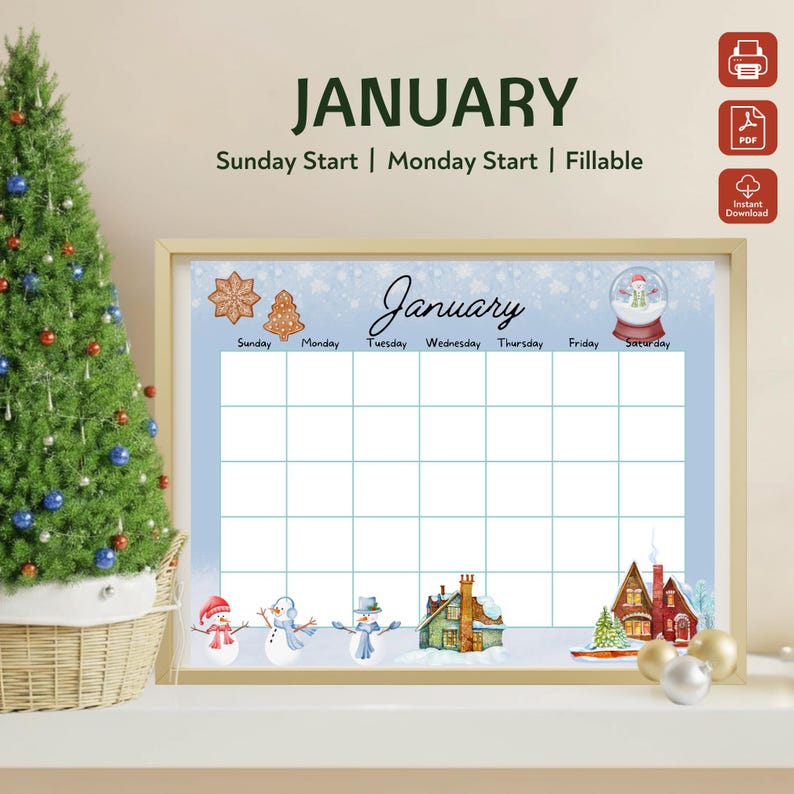 BEWERKBARE januari-kalender, ongedateerde lege maandkalender, vul je ...