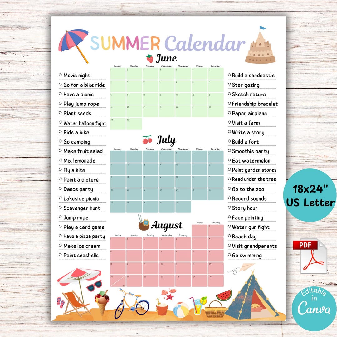 Editable Summer Calendar Poster, Summer Activities Checklist, Printable ...