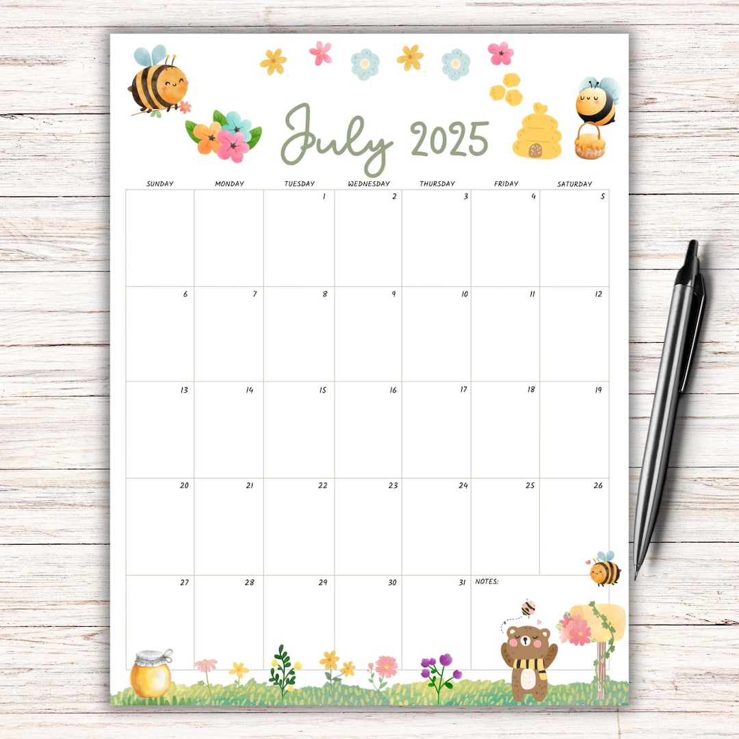 Bee-themed Printable Calendar July 2025, Cute Honey and Floral Monthly ...