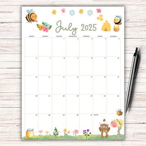 Bee-themed Printable Calendar July 2025, Cute Honey and Floral Monthly ...