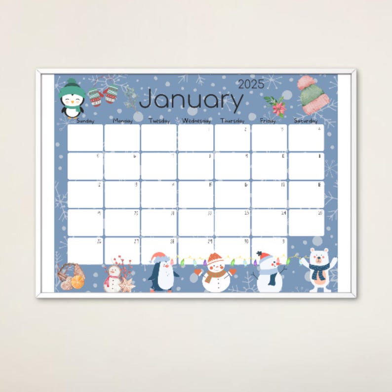 EDITABLE January 2025 Calendar, Beautiful Winter, Snowmen and Penguins ...
