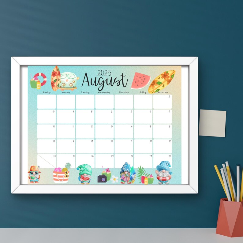 EDITABLE August 2025 Calendar, Beautiful Summer, Watermelon, Cute Gnome ...