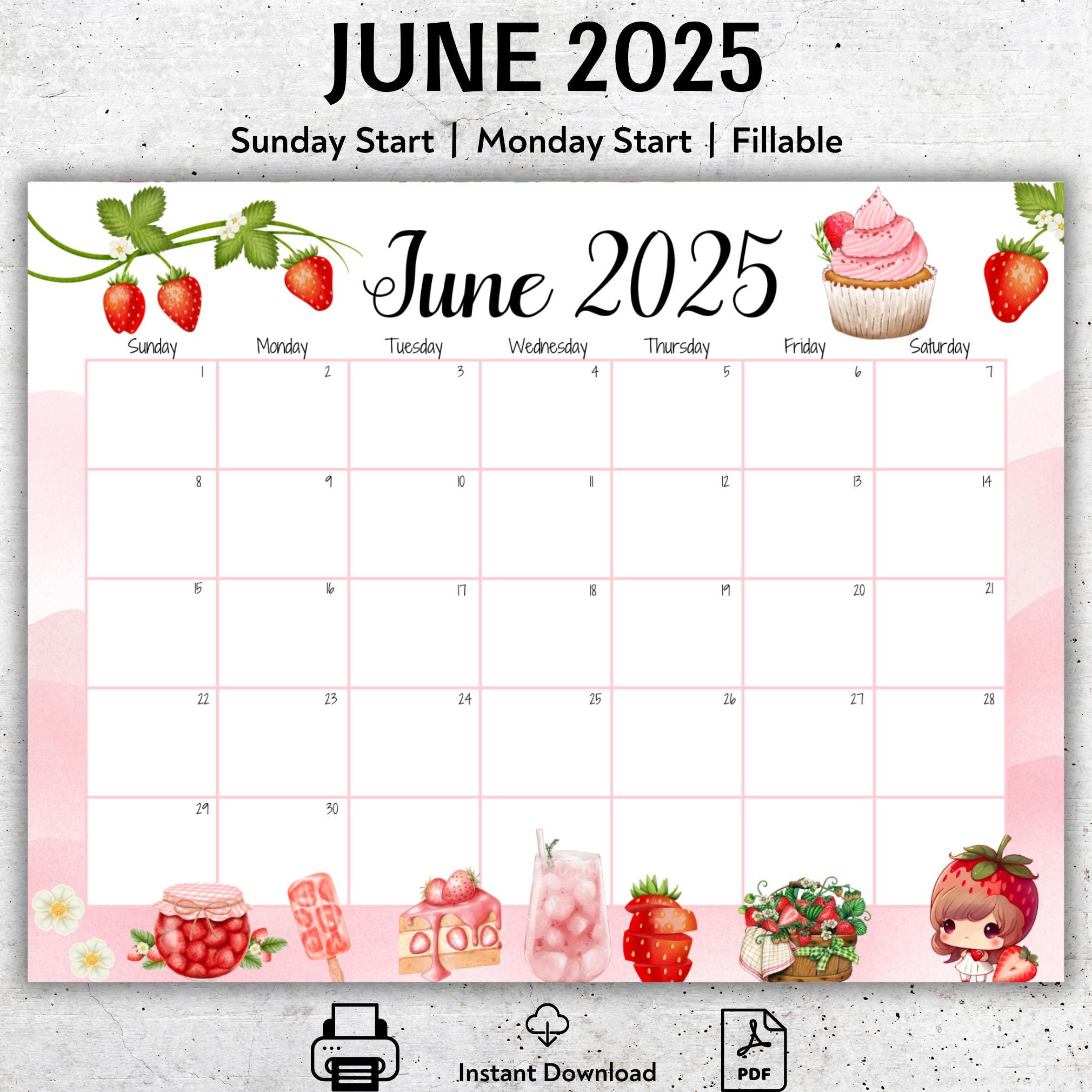 Strawberry-themed June 2025 Calendar, Printable Monthly Planner, US ...