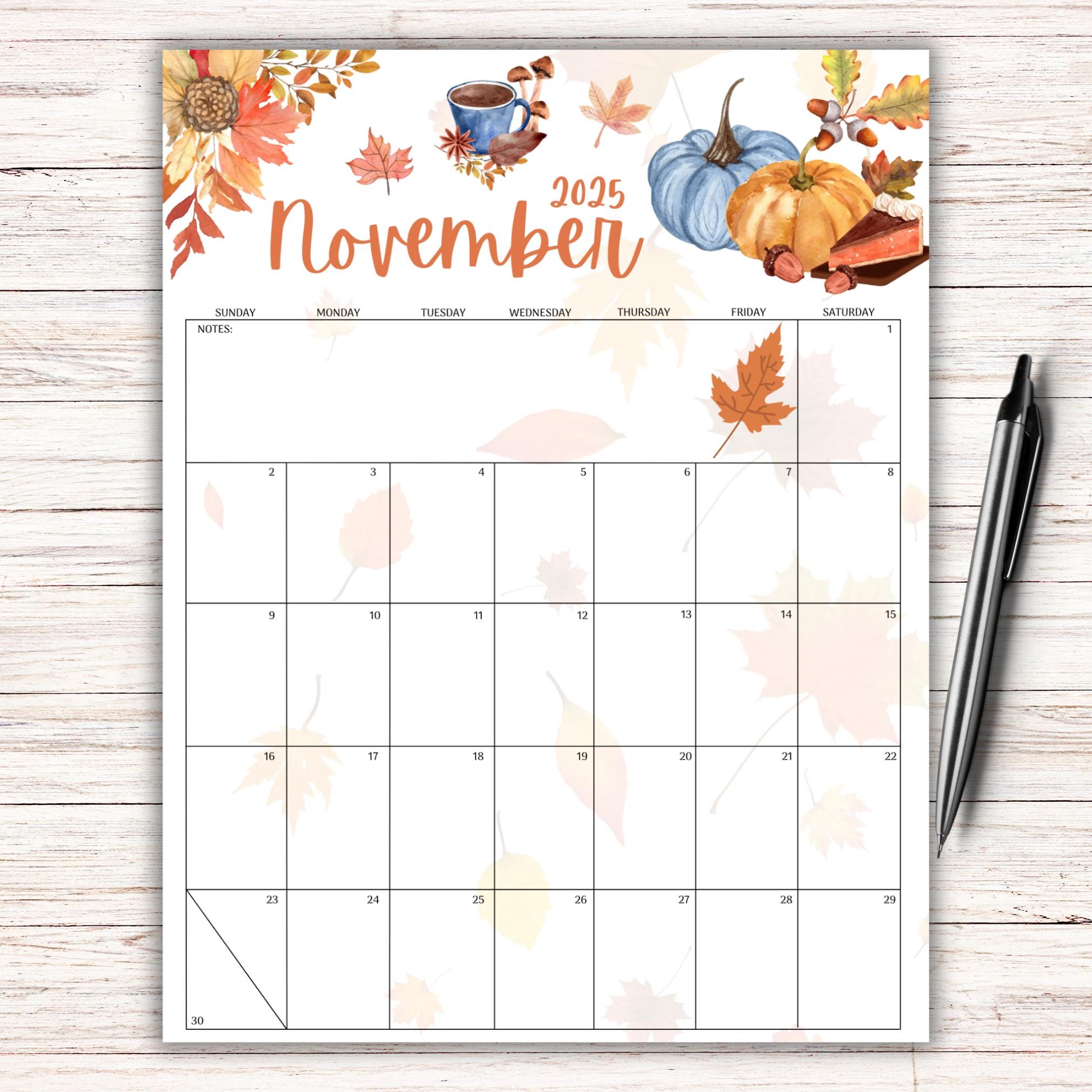 EDITABLE November 2025 Calendar, Beautiful Fall and Pumpkins, College ...