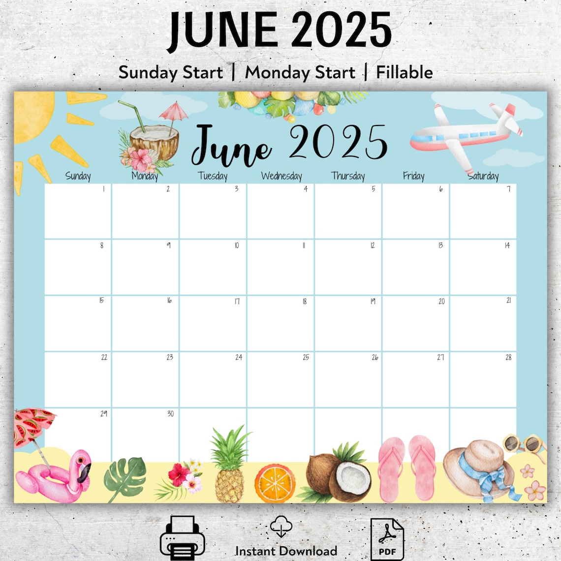 EDITABLE June 2025 Calendar, 2025 Summer Calendar, Fillable June ...