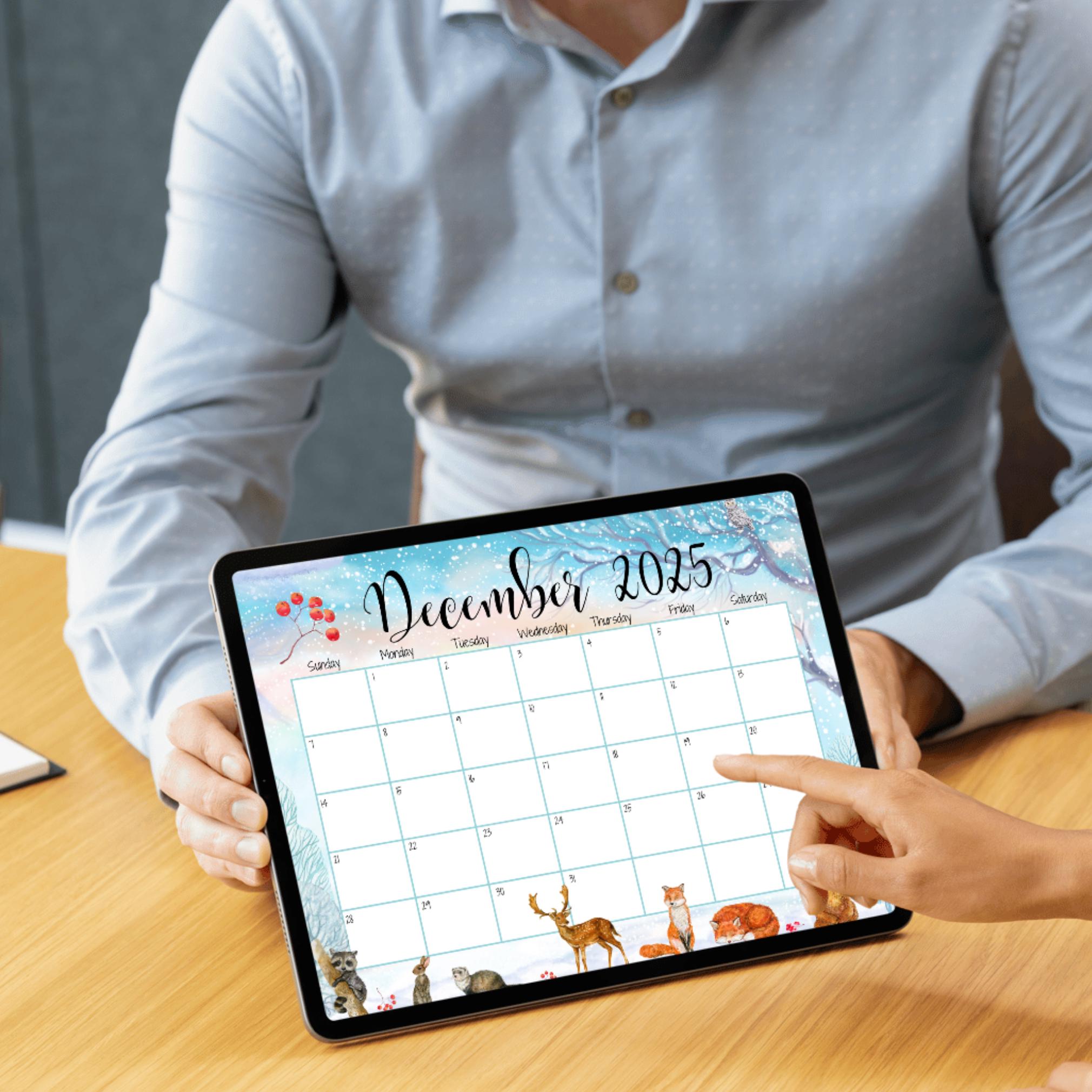 EDITABLE December 2025 Calendar, Cute Animals, Beautiful Winter ...