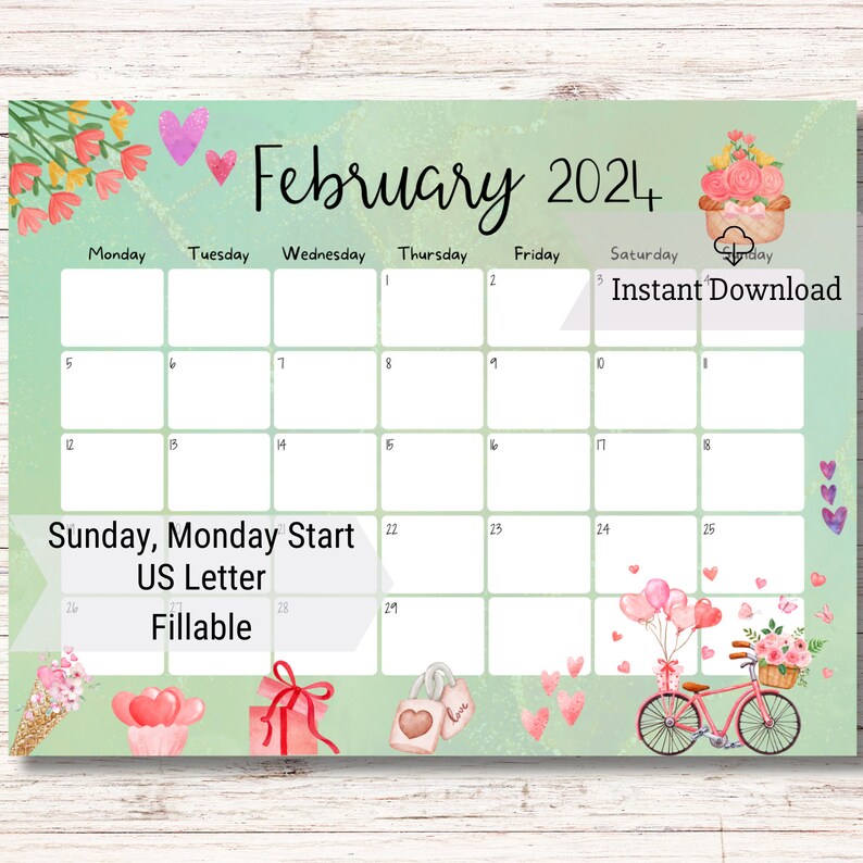 EDITABLE February 2024 Calendar, Valentines Day, Winter Calendar ...