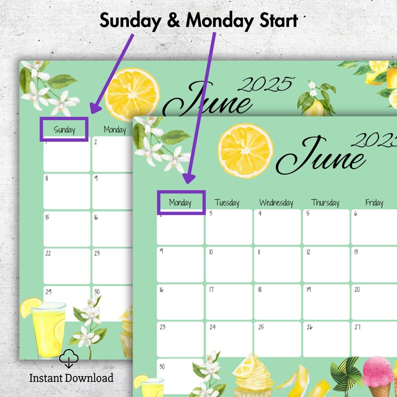 June 2025 Printable Calendar, Lemon Themed Monthly Planner, Digital ...