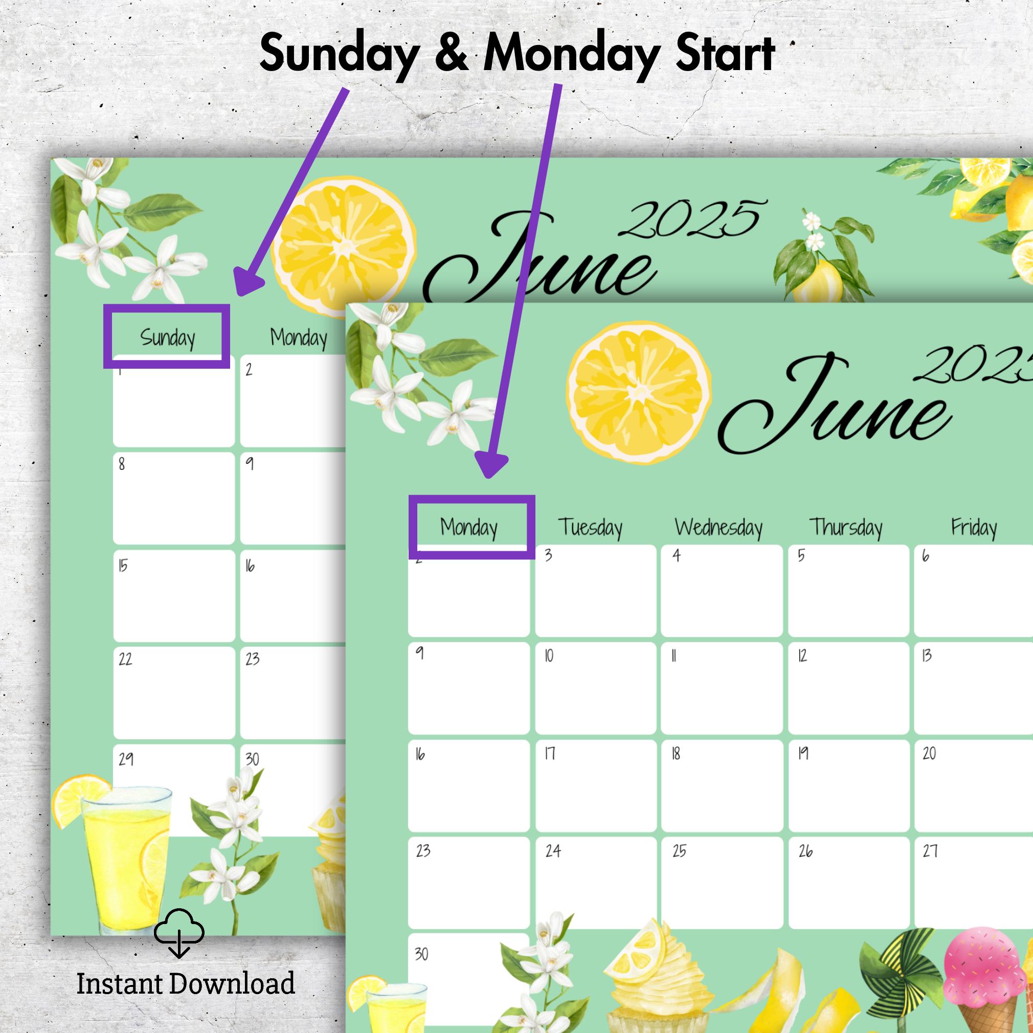 June 2025 Printable Calendar, Lemon Themed Monthly Planner, Digital ...