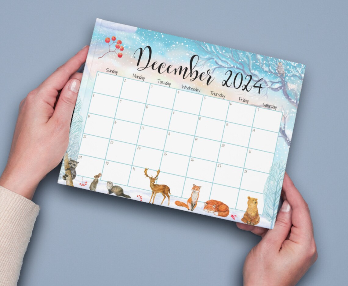 EDITABLE December 2024 Calendar, Cute Animals, Beautiful Winter ...