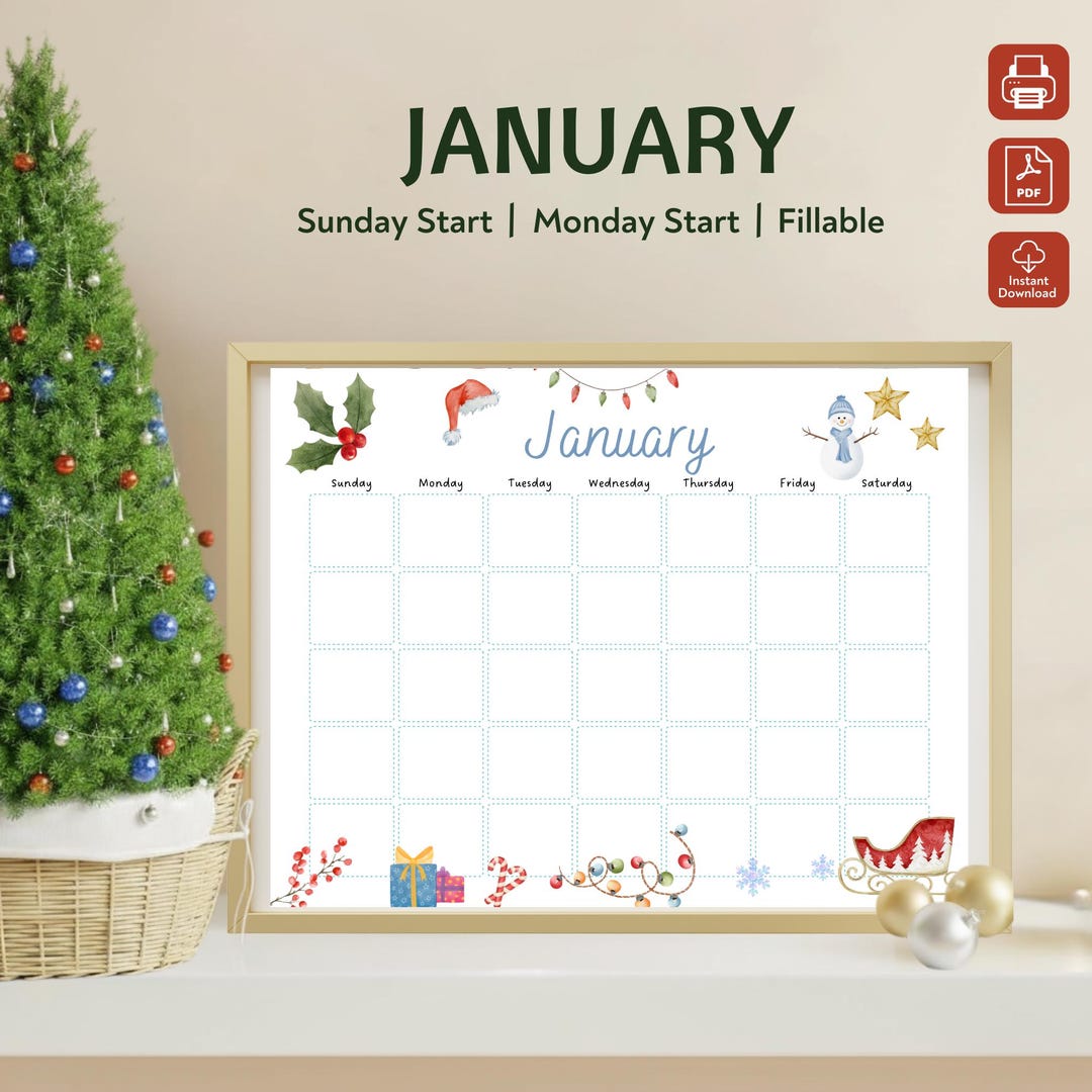 EDITABLE January Calendar, Undated Wall Calendar, Printable Fillable ...