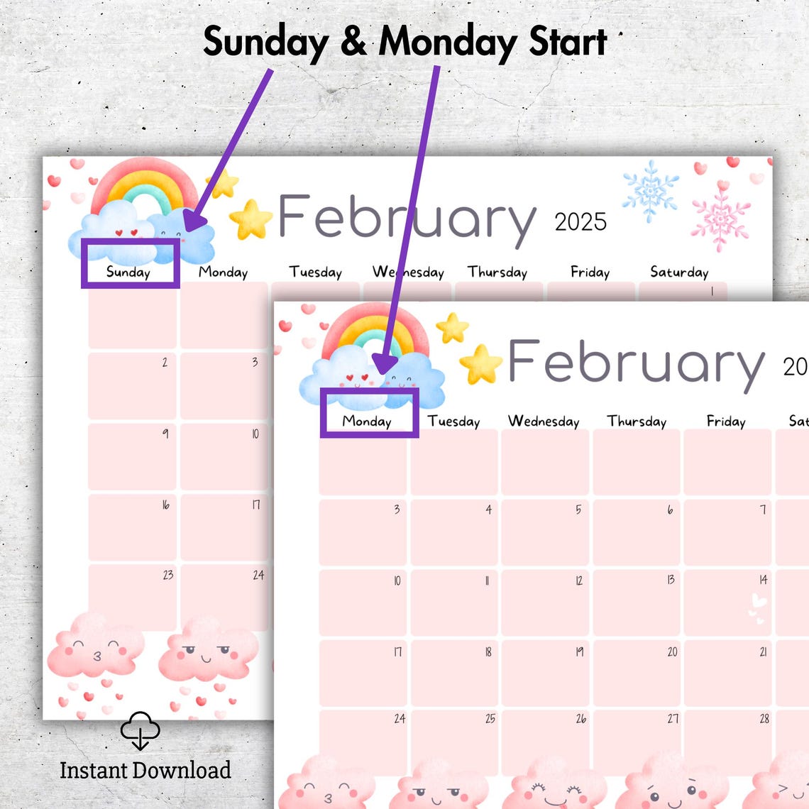 EDITABLE February 2025 Calendar, Beautiful Rainbow, Cute Clouds ...