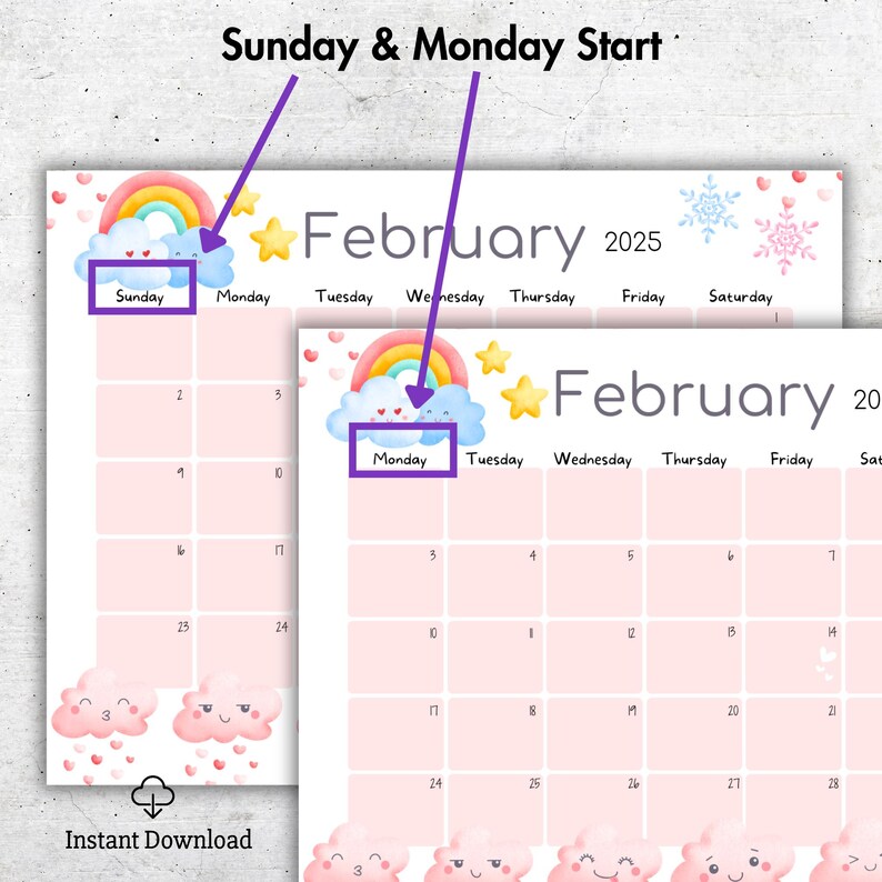 EDITABLE February 2025 Calendar, Beautiful Rainbow, Cute Clouds ...