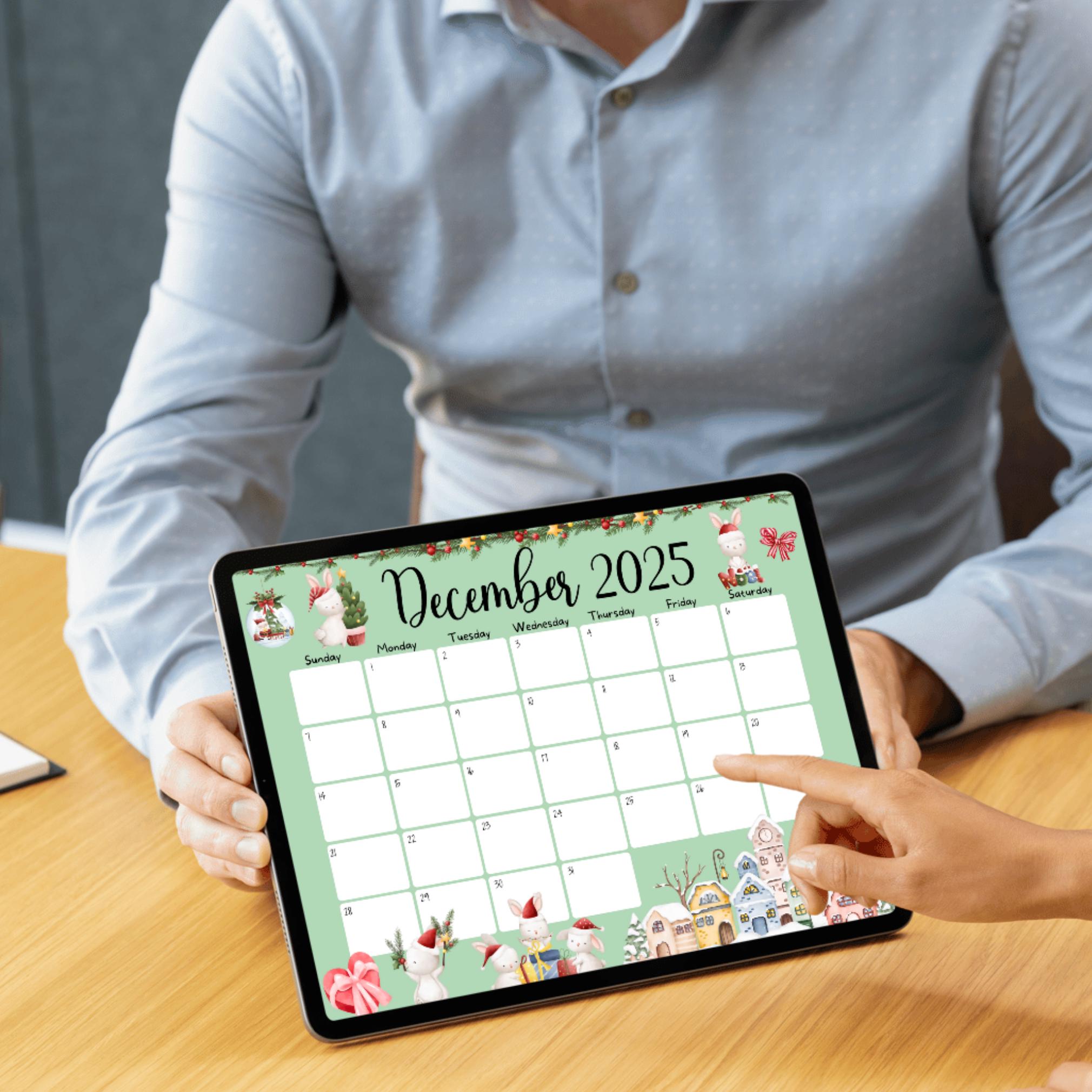 EDITABLE December 2025 Calendar, Beautiful Winter, Cute Rabbits ...