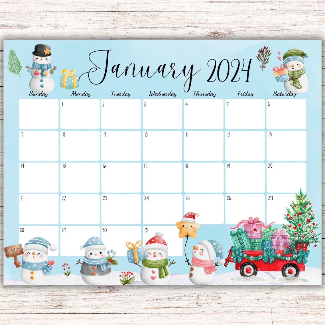 EDITABLE January 2024 Calendar, Beautiful Winter, Happy Snowmen, New ...